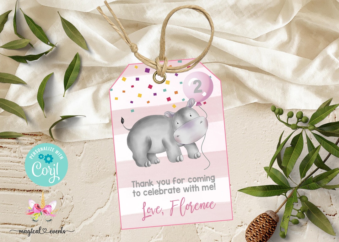 Pink Hippo Girl Birthday Thank You Tags, Birthday Favors, Hippo Thank ...