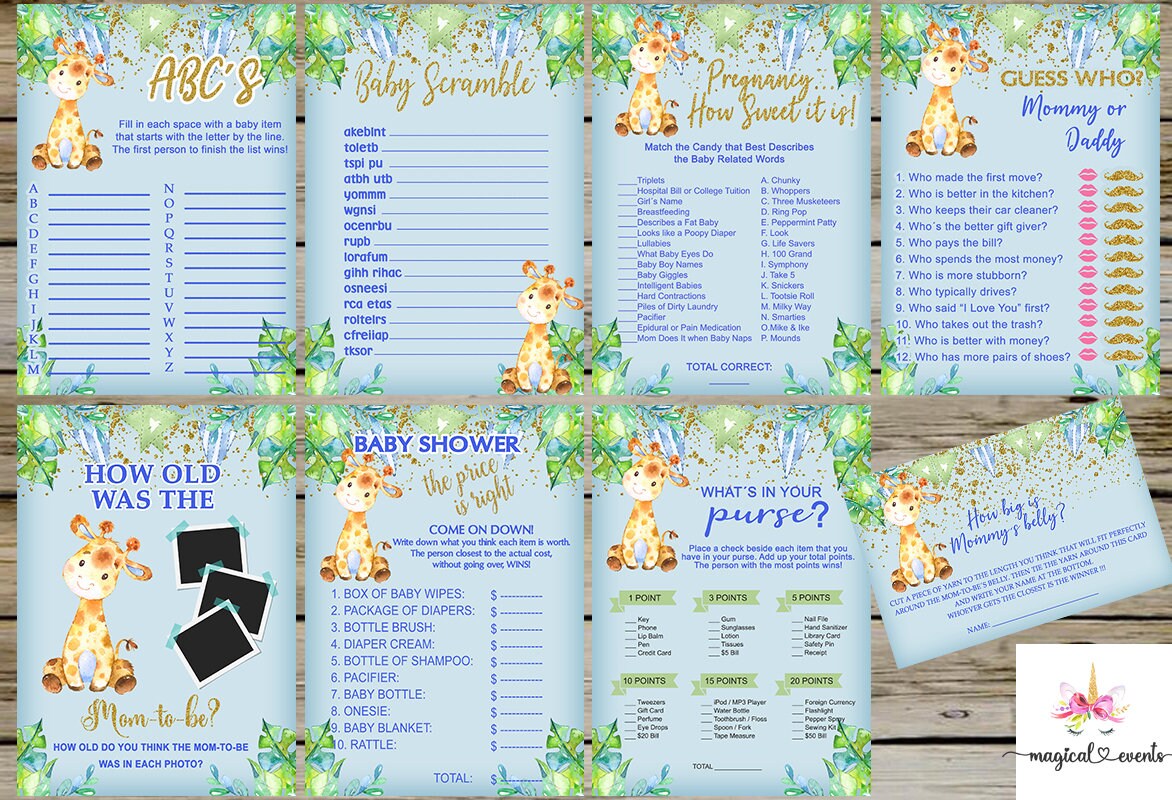 Giraffe Baby Shower Games Bundle, Boy Baby Shower Games, Giraffe Games ...