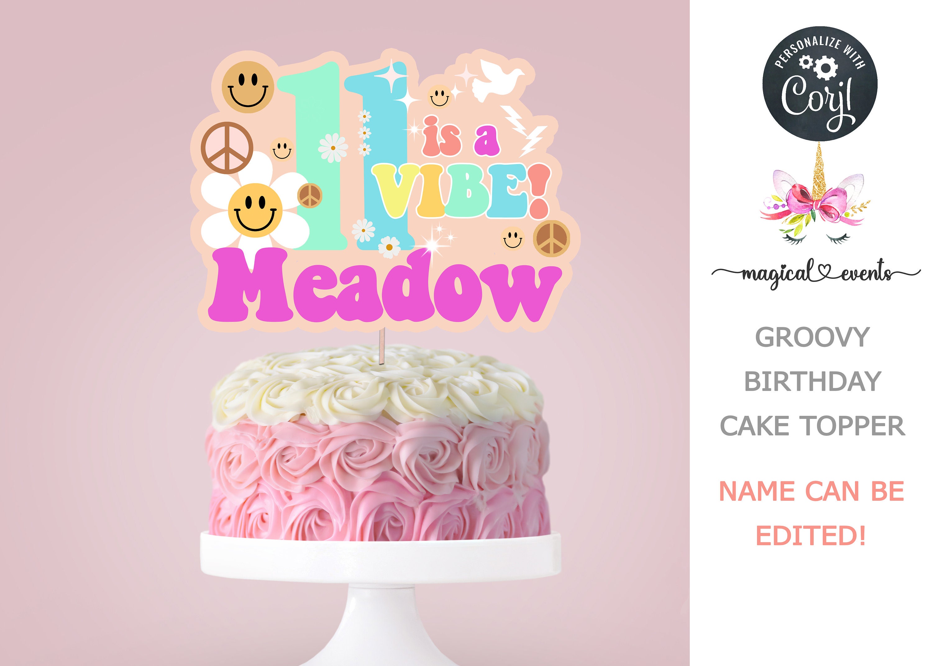 Eleven 11 is a Vibe Groovy Girl Happy Birthday Cake Topper or ...