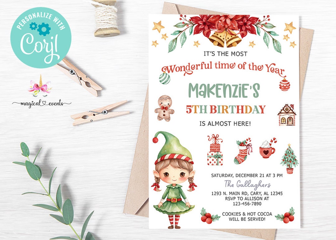 Christmas Elf Girl Birthday Invitation, Girl Birthday Invite, Corjl ...