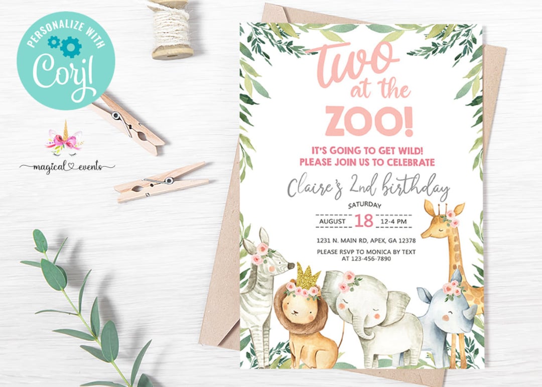 Safari Animals Two at the Zoo Girl Birthday Invitation Safari Birthday ...