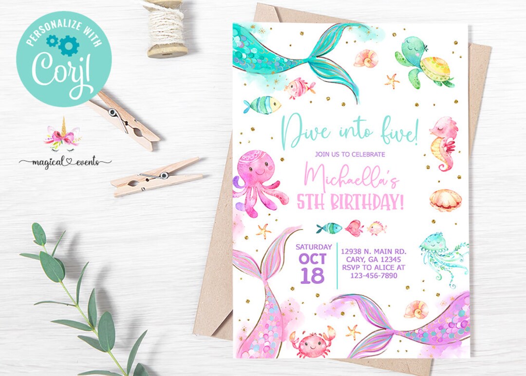 Pastel Mermaid Tails Girl Birthday Invitation, Pool Birthday Invite ...