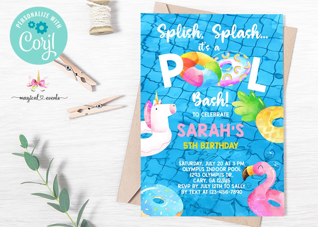 POOL PARTY Girl Birthday Invitation, Swimming Pool Girl Birthday Invite, Summer, Pool Floaties ...