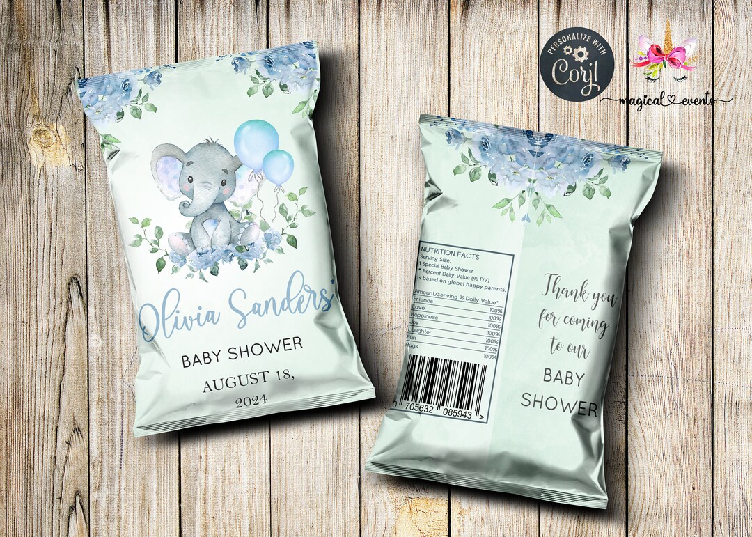 Elephant Chips Bag Wrapper, Digital Printable, Baby Shower Favor Party ...