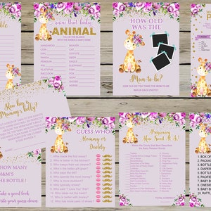 Giraffe Baby Shower Games Bundle, Girl Baby Shower Games, Purple ...