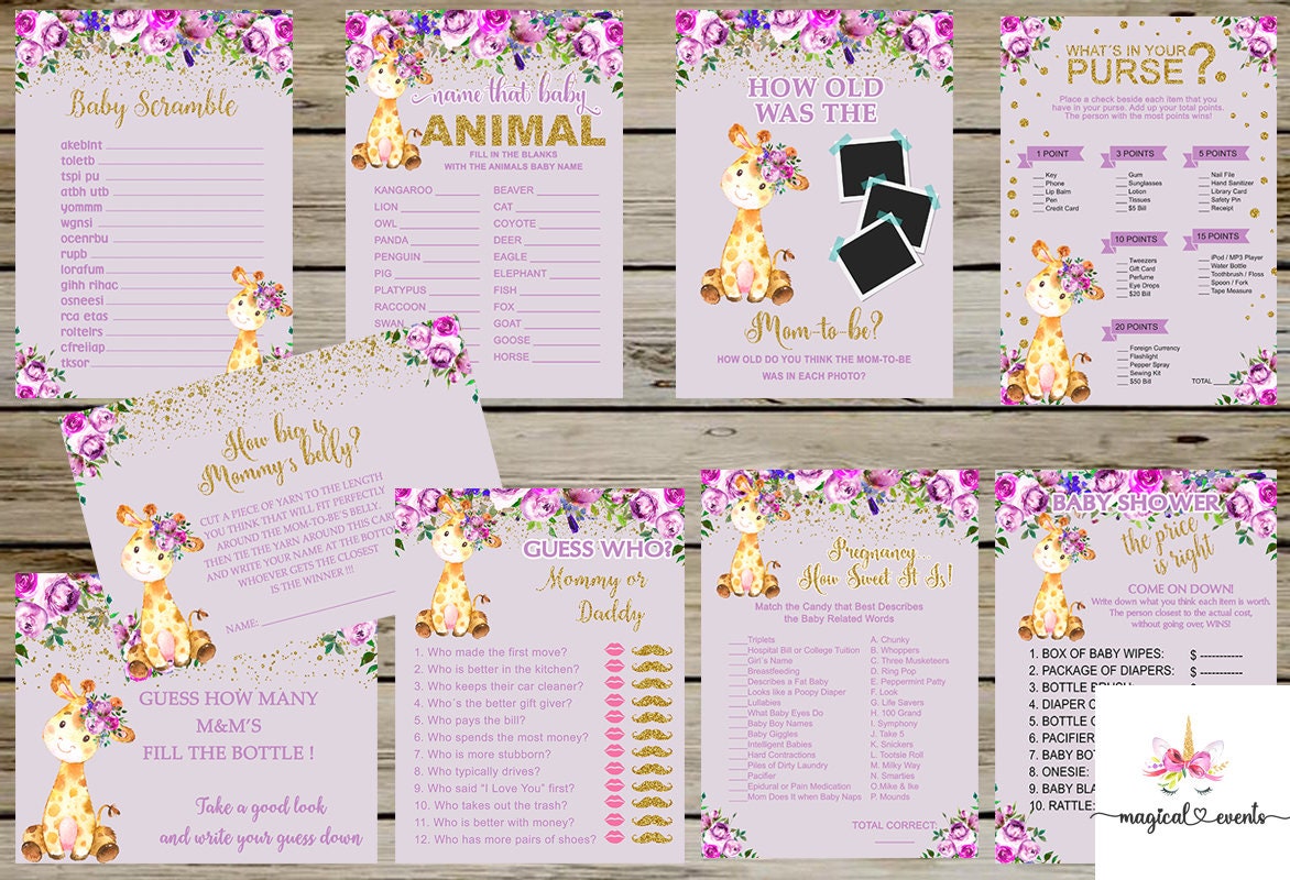 Giraffe Baby Shower Games Bundle, Girl Baby Shower Games, Purple ...