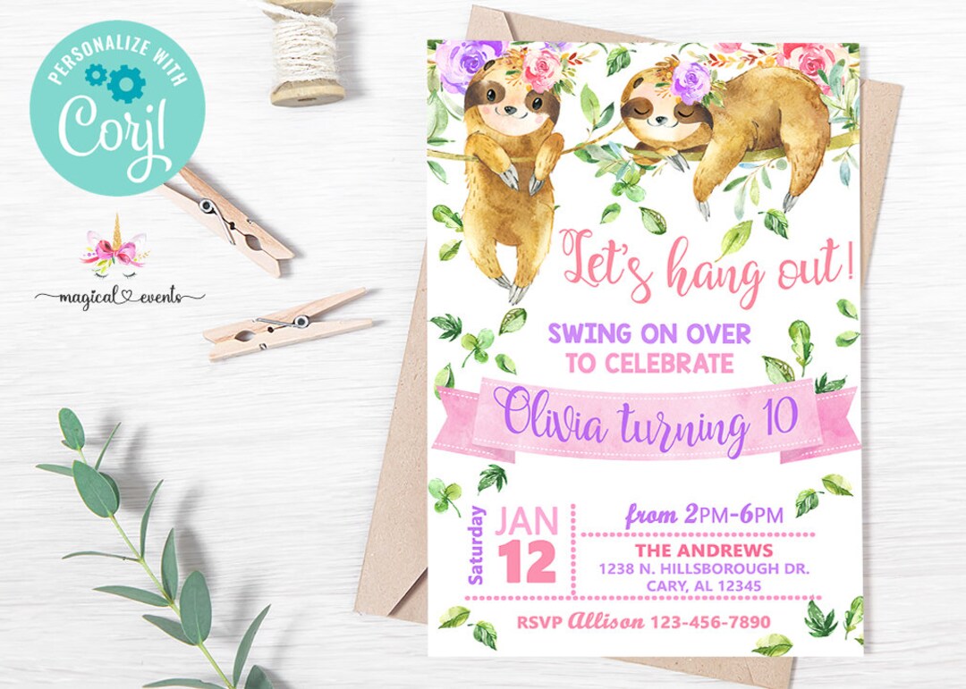 Sloth Girl Birthday Invitation, Lets Hang Out Girl Birthday Invite ...