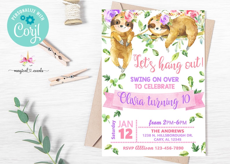 Sloth Girl Birthday Invitation Lets Hang Out Girl Birthday - Etsy