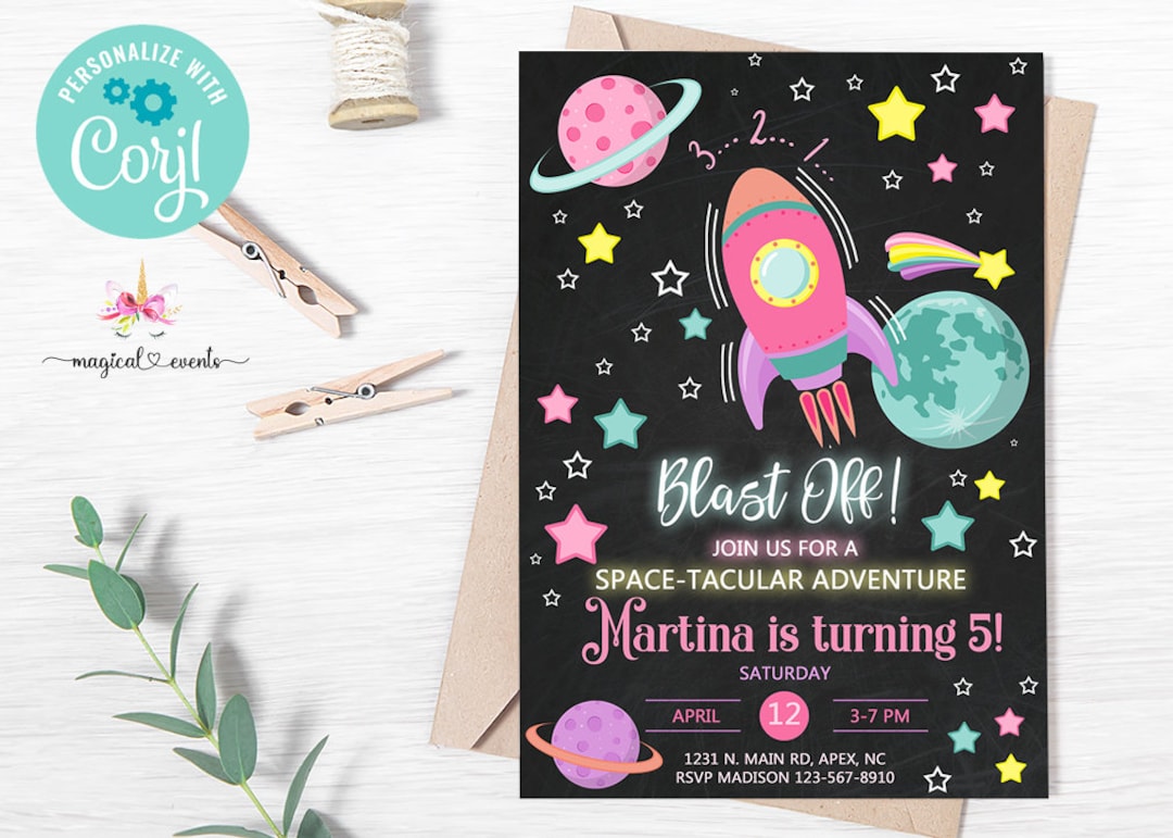 Outer Space Blast off Birthday Invitation, Girl Birthday Invite, Corjl ...