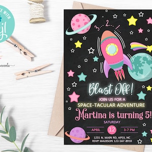 Outer Space Blast off Birthday Invitation, Girl Birthday Invite, Corjl ...