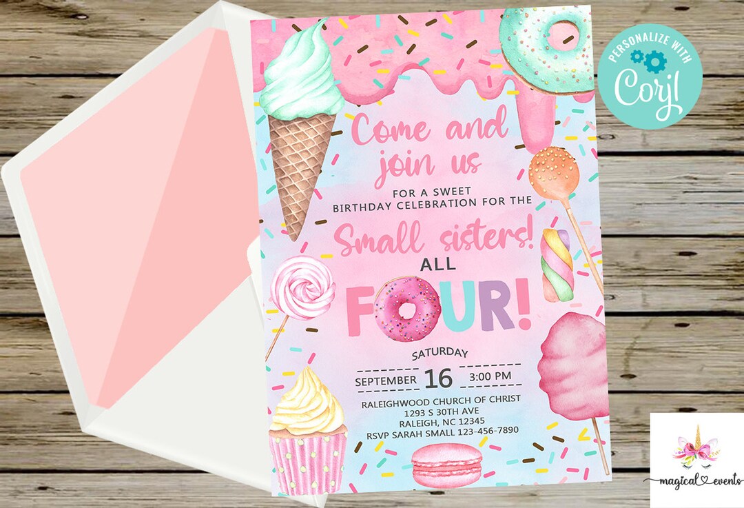 Candy Sweet Girls Siblings Birthday Invitation, Birthday Invite, Cotton ...
