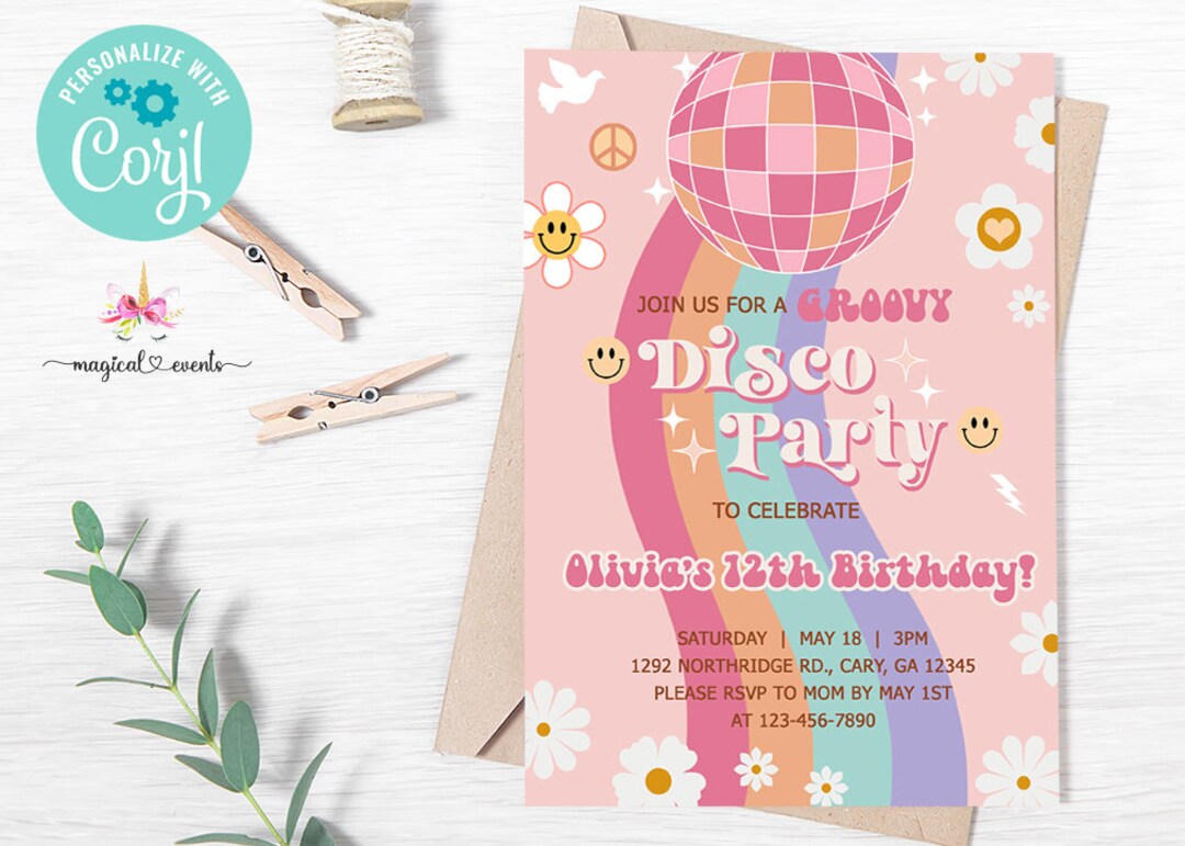 Groovy Disco Party Invitation, 70's Retro Hippie Daisies, Girl Disco ...