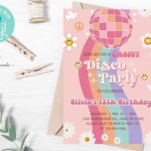 Groovy Disco Party Invitation, 70's Retro Hippie Daisies, Girl Disco ...