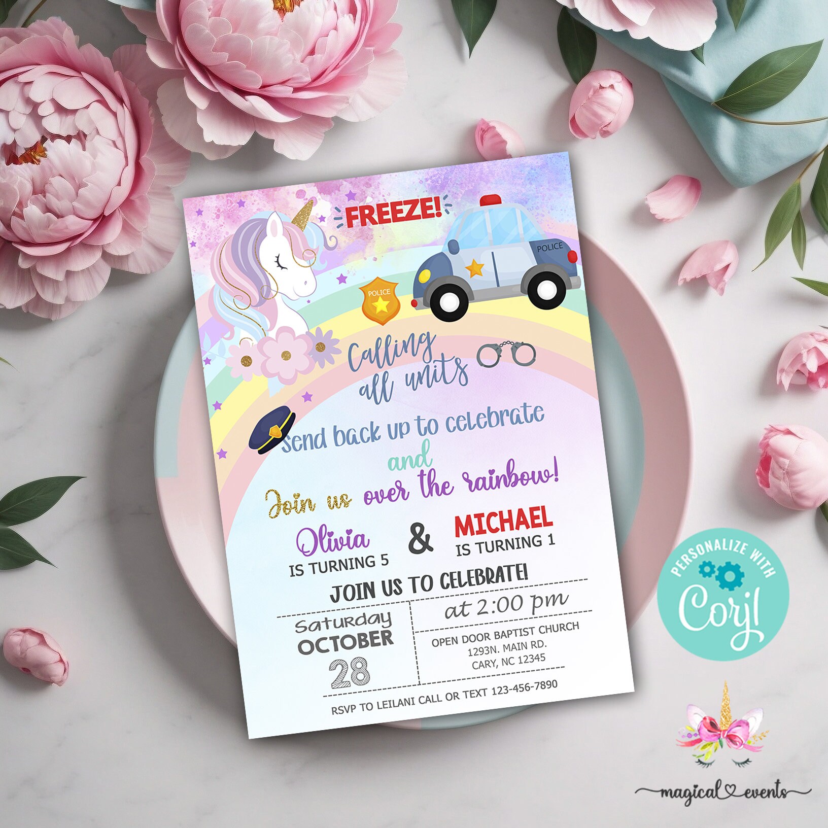 Siblings Unicorn and Police Car Birthday Invitation, Boy Girl, Brother ...