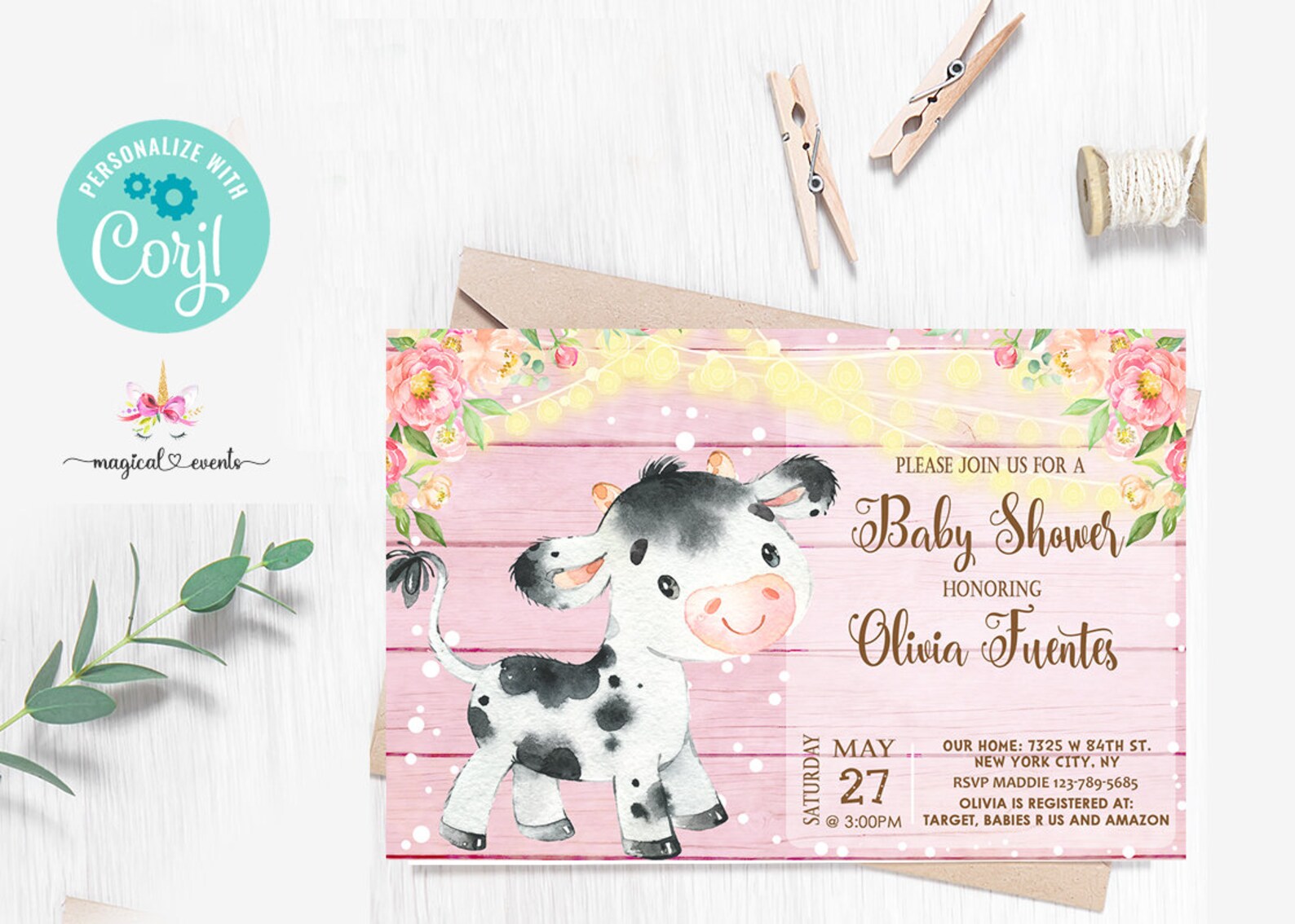 Pink Cow Baby Shower Invitation, Girl Baby Shower Invite, Baby Cow ...
