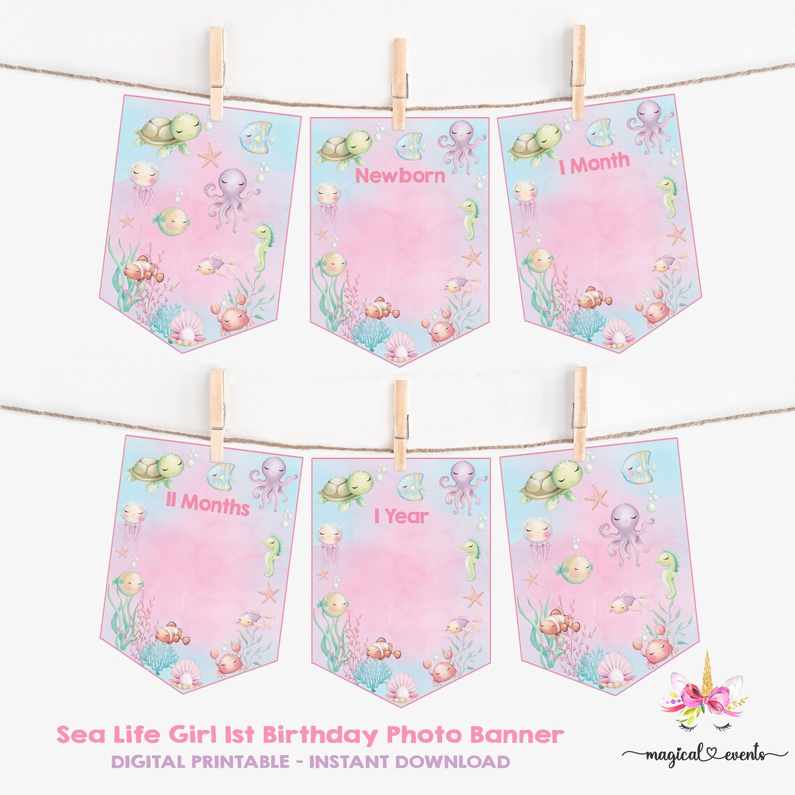 Sea Life Girl 1st First Birthday Digital Banner, Ocean Life Photo ...
