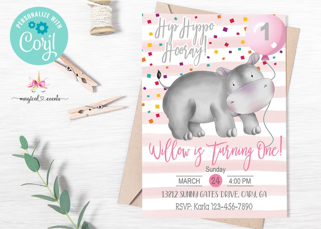 Hip Hippo Hooray Birthday Invitation, Pink Hippo Girl Birthday Invite ...
