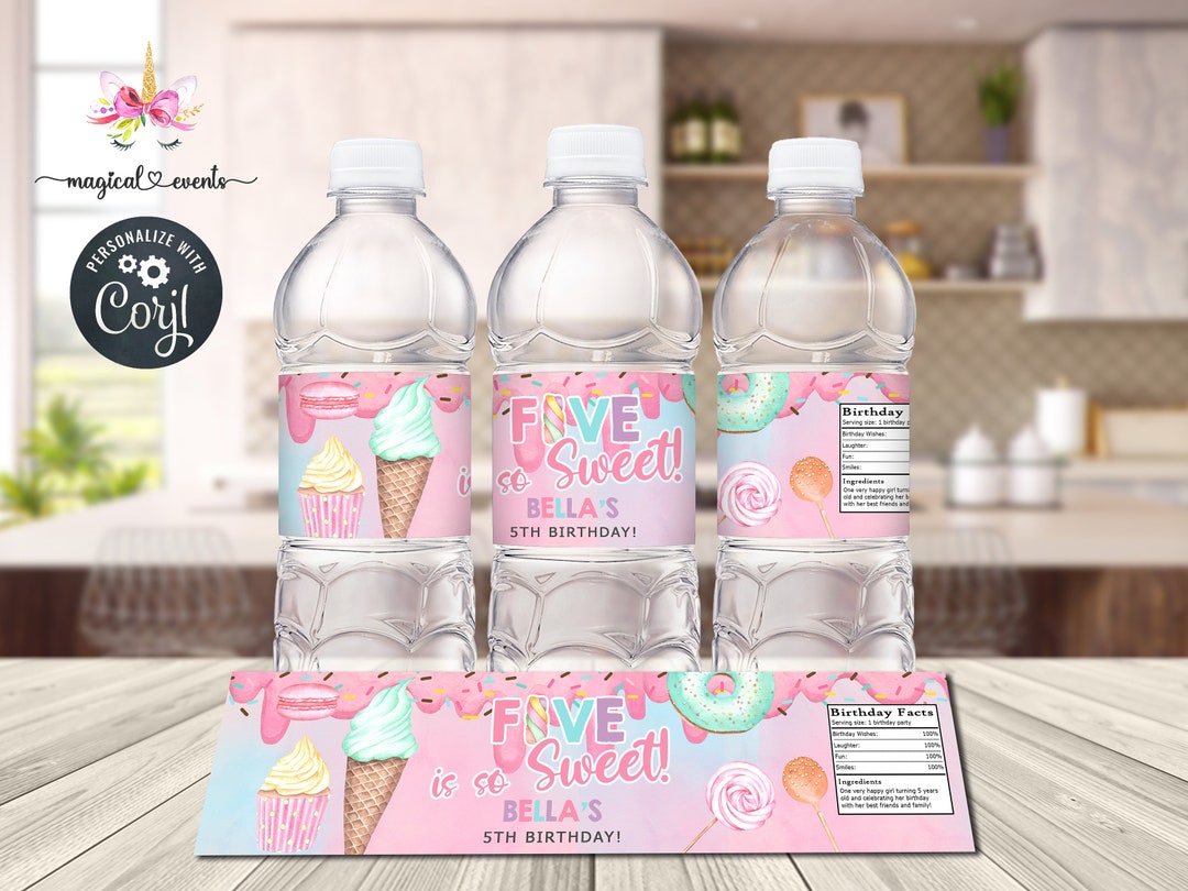 Five is so Sweet Birthday Water Bottle Labels, Girl 5th Birthday Favors ...