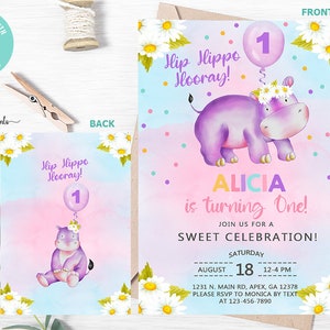 Hip Hippo Hooray Birthday Invitation, Purple Hippo Girl Birthday Invite ...