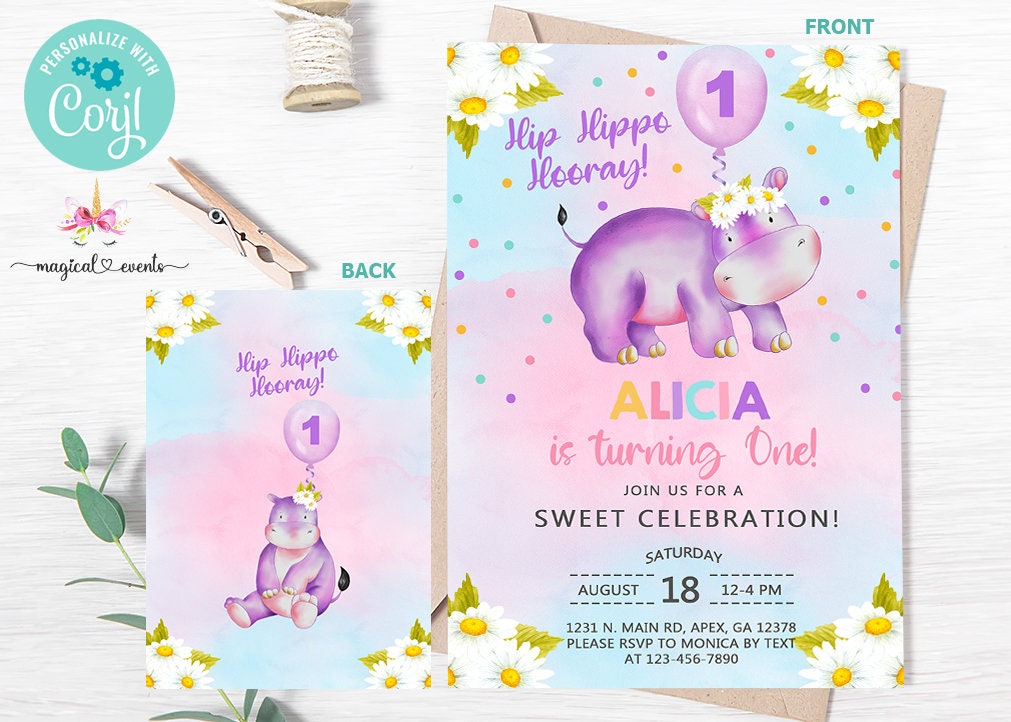 Hip Hippo Hooray Birthday Invitation, Purple Hippo Girl Birthday Invite ...