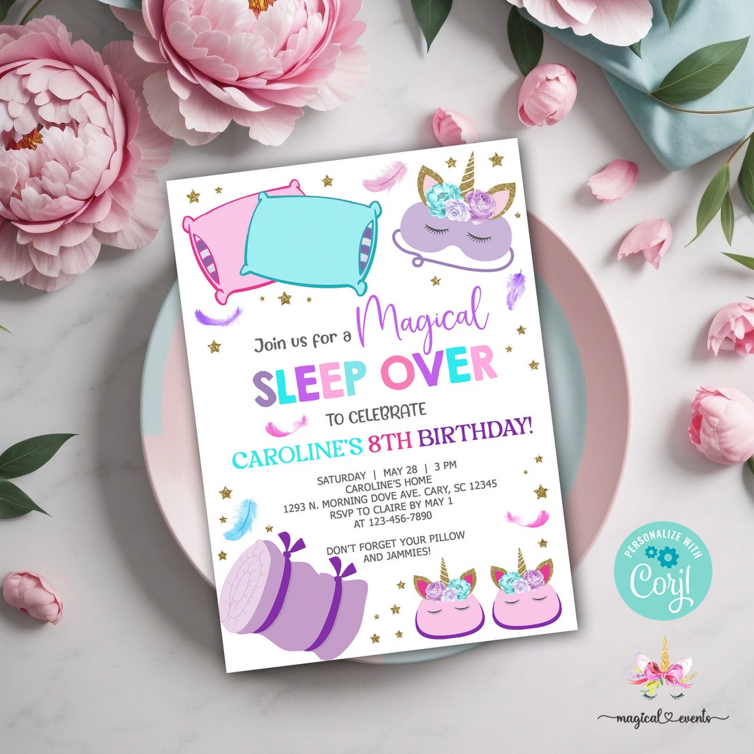 Sleep Over, Sleepover Girl Birthday Invitation, Pillows Unicorn ...
