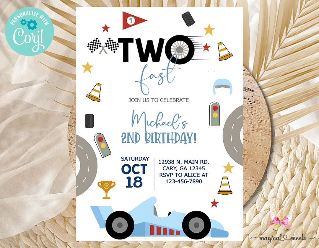 Race Car Boy Birthday Invitation, TWO FAST Boy 2nd Second Birthday ...