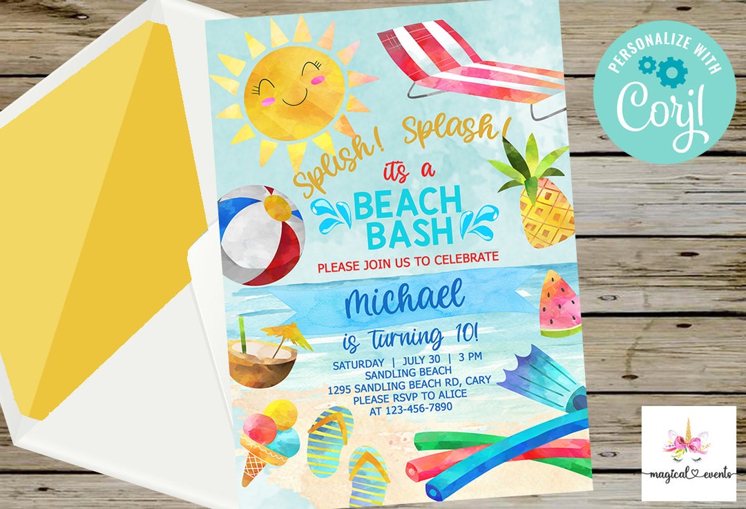 Beach Bash Boy Birthday Invitation, Splish Splash Beach Birthday Invite ...