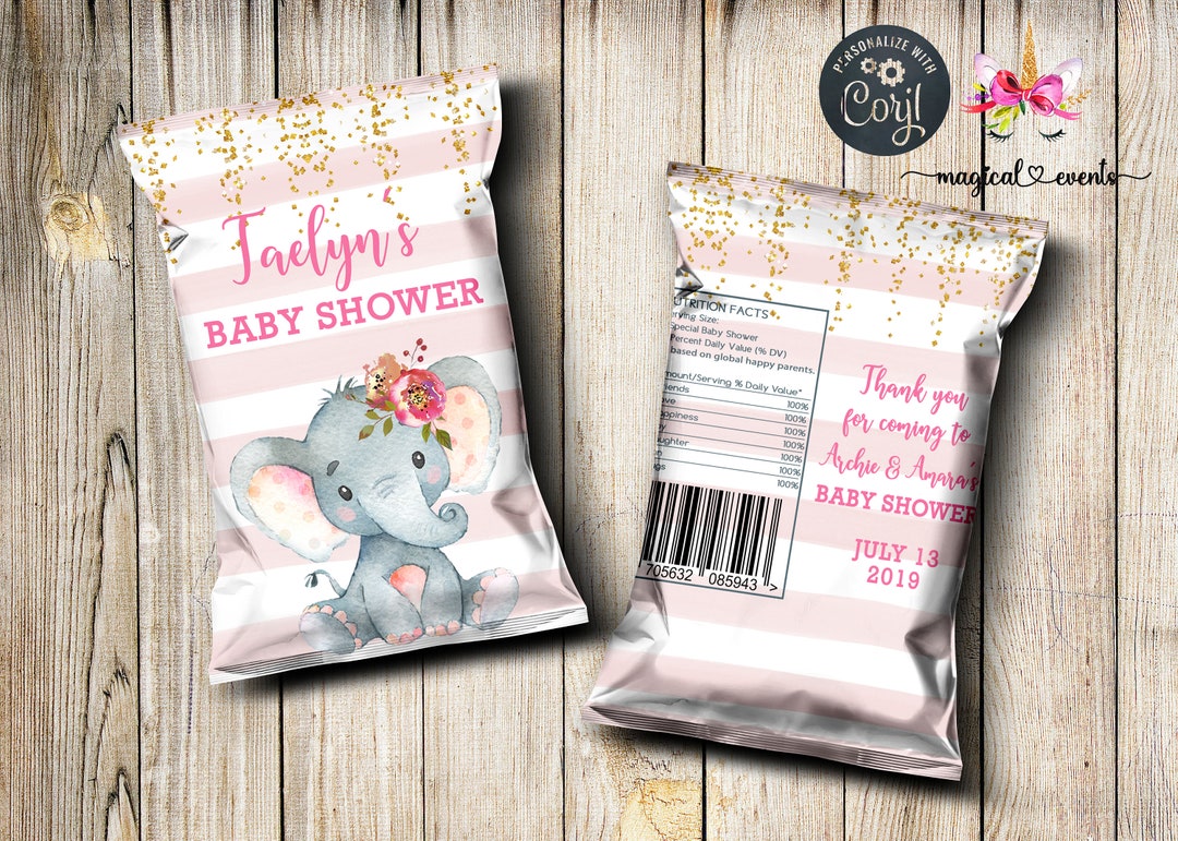 Pink Elephant Chips Bag Wrapper, Digital Printable, Baby Shower Favor ...
