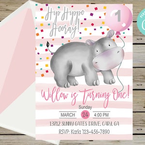 Hip Hippo Hooray Birthday Invitation, Pink Hippo Girl Birthday Invite ...