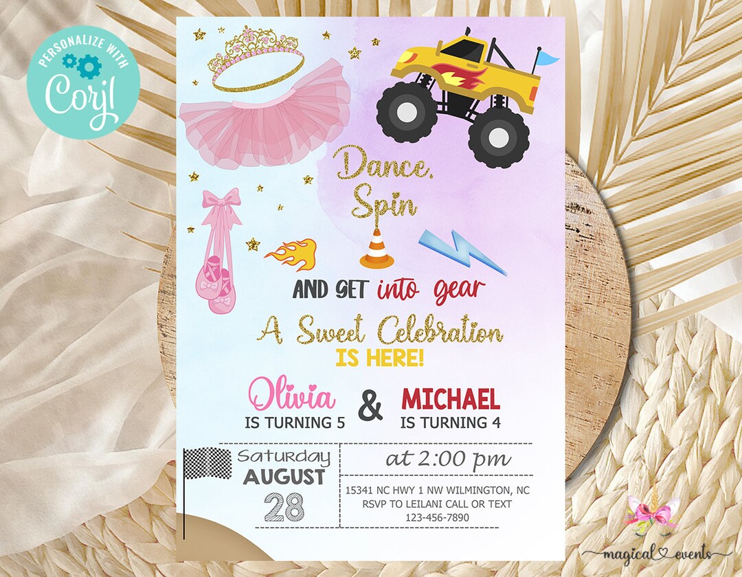 Tutus and Monster Truck, Tutu Birthday Invitation, Invite Digital ...