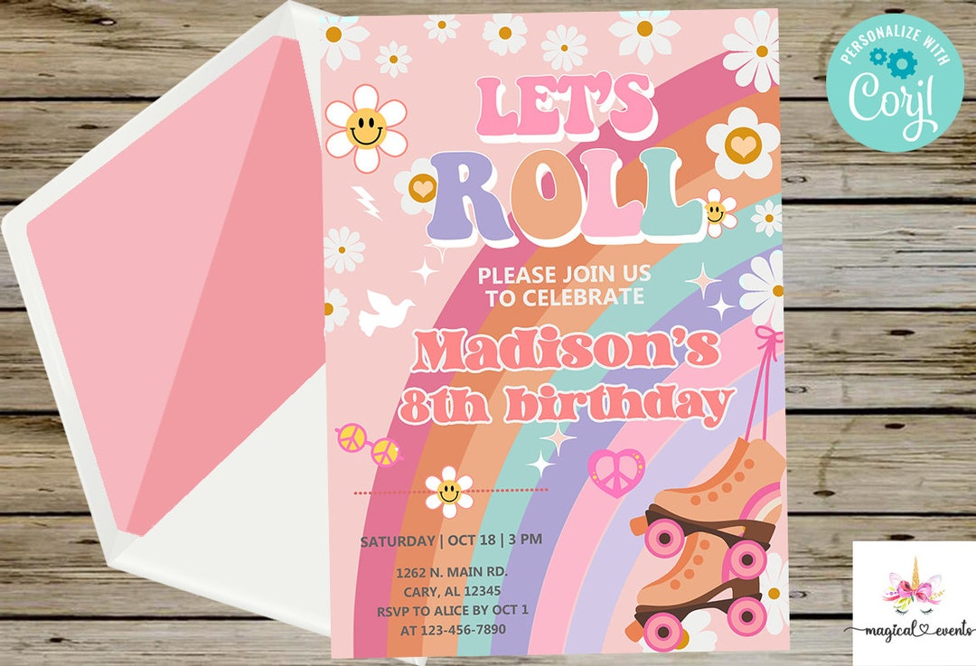 GROOVY Let's Roll Girl Birthday Invitation, Pink 70s Retro Daysies ...