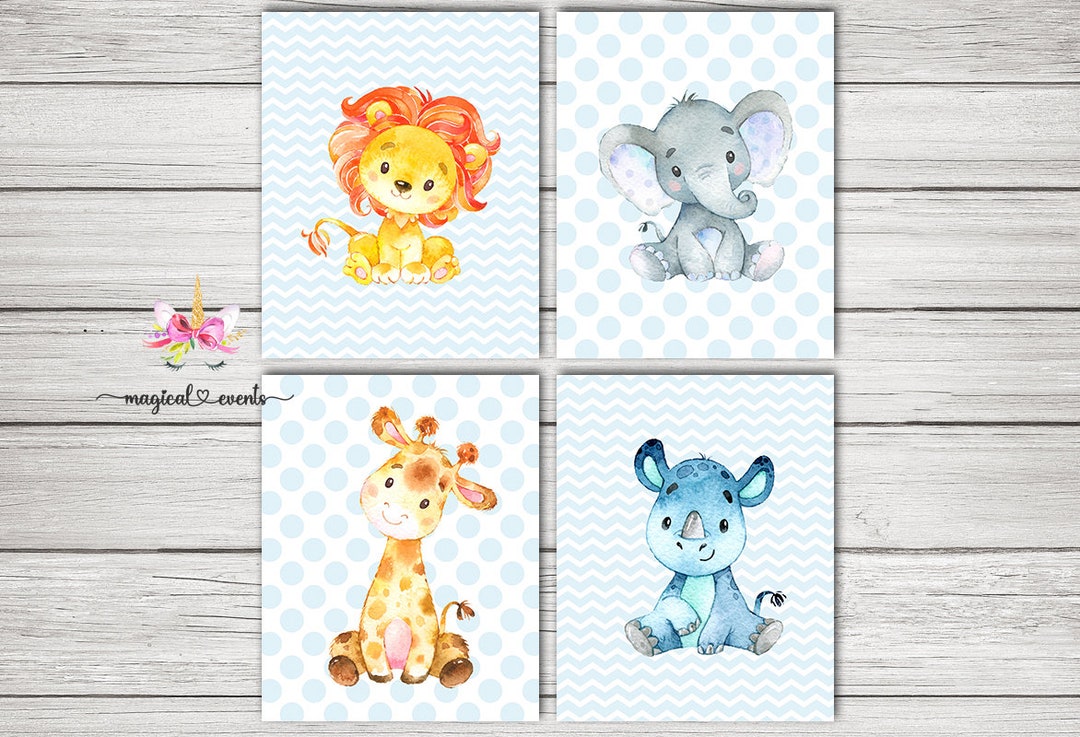 Blue Safari Animals Wall Art, Jungle Animals Boy Wall Decor, Digital ...