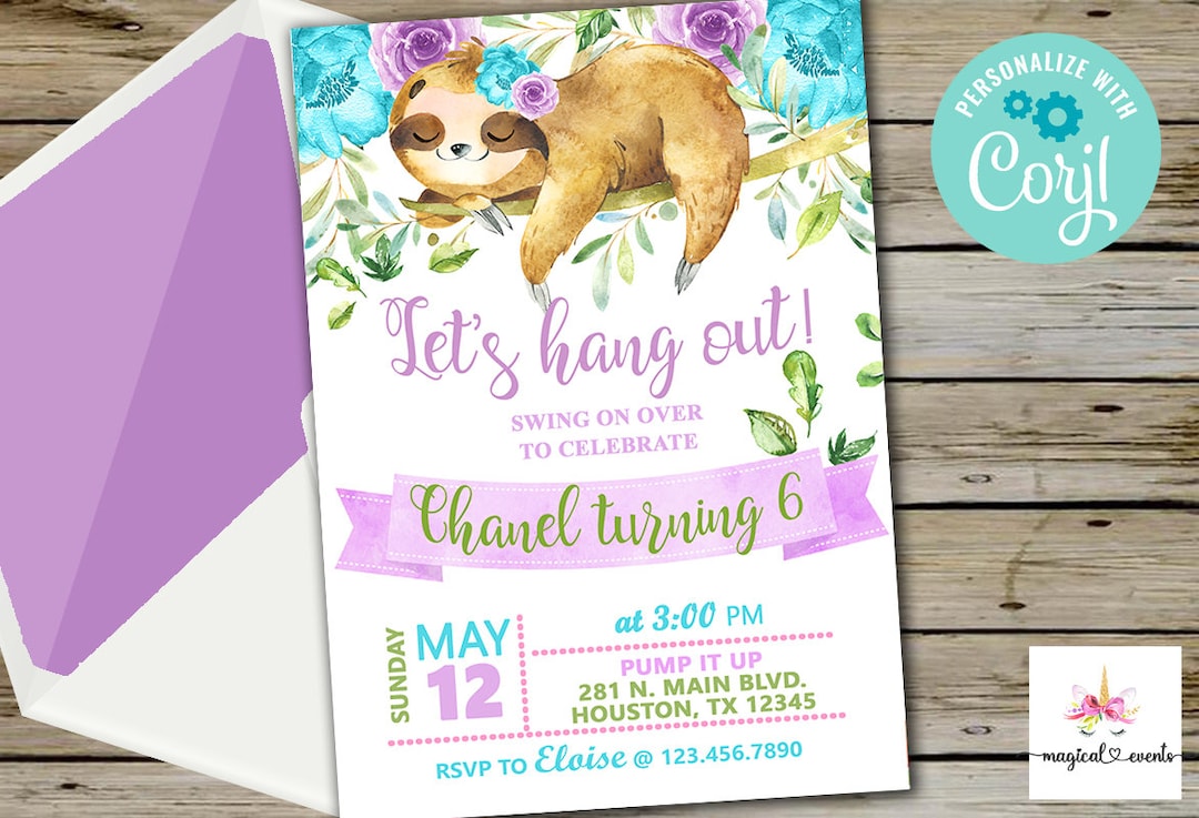 Sloth Girl Birthday Invitation, Lets Hang Out Sloth Girl Birthday ...