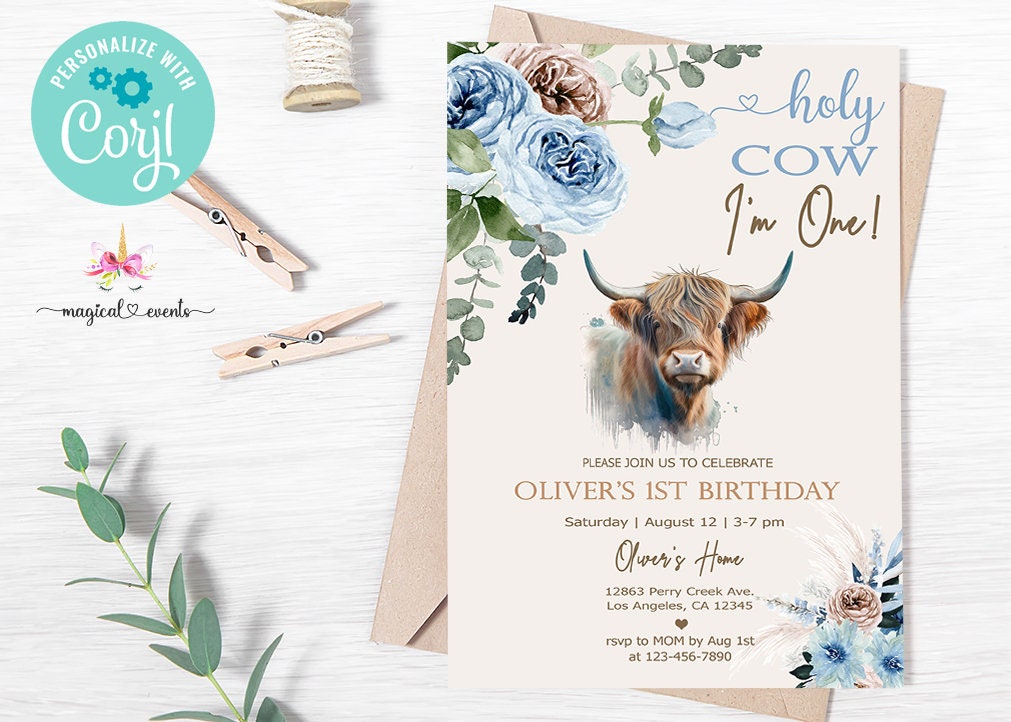 Blue Highland Cow Birthday Invitation, Boy Birthday Invite, Blue Boho ...