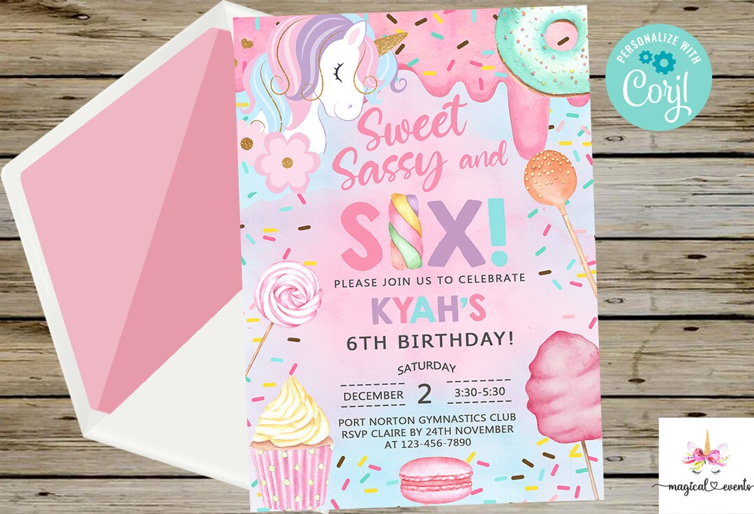 Candy Sweet Sassy and Six Girl 6th Birthday Invitation, Invite, Cotton ...