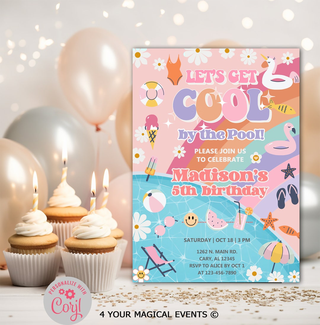 Groovy Pool Party Birthday Invitation, 70s Retro Daisies Rainbow, Girl ...