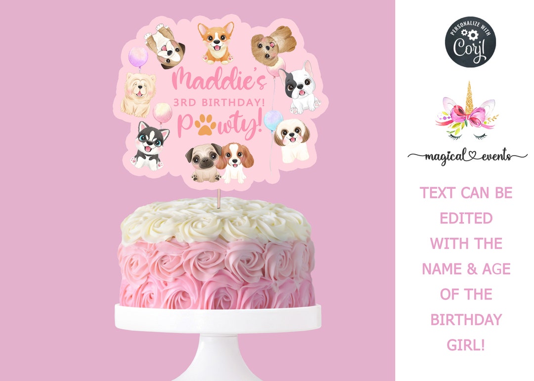 Pink Puppy Dogs Girl Happy Birthday Cake Topper or Centerpiece, Girl ...