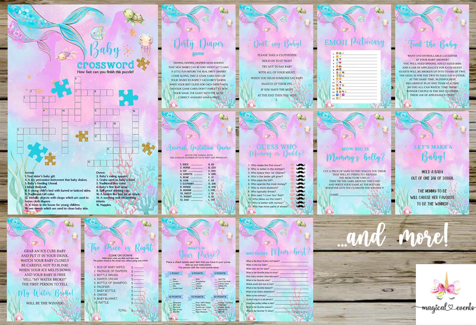 Mermaids Girl Baby Shower Games Bundle, Girl Baby Shower Games Package ...