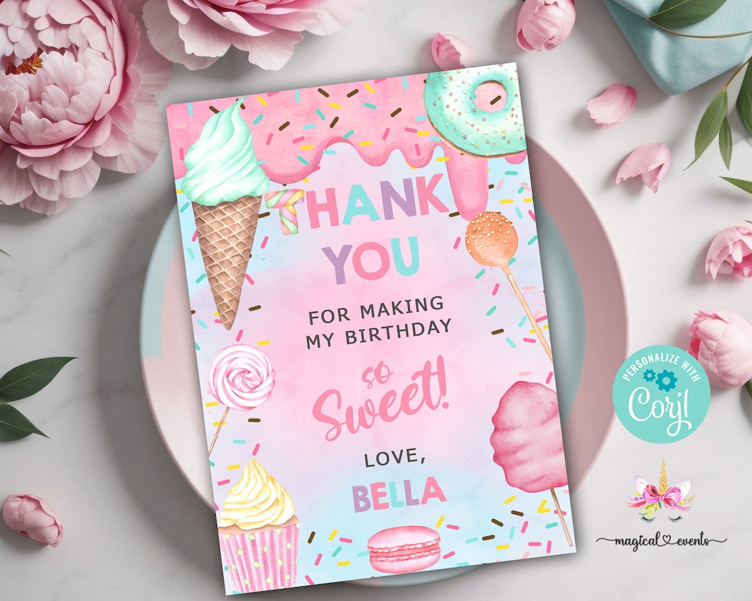 Sweet Five Birthday 5x7 Thank You Card, Girl Sweet Five Birthday Thank ...