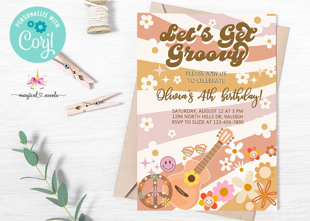 Lets Get Groovy Birthday Invitation, 70's Retro Hippie Daisies Peace ...