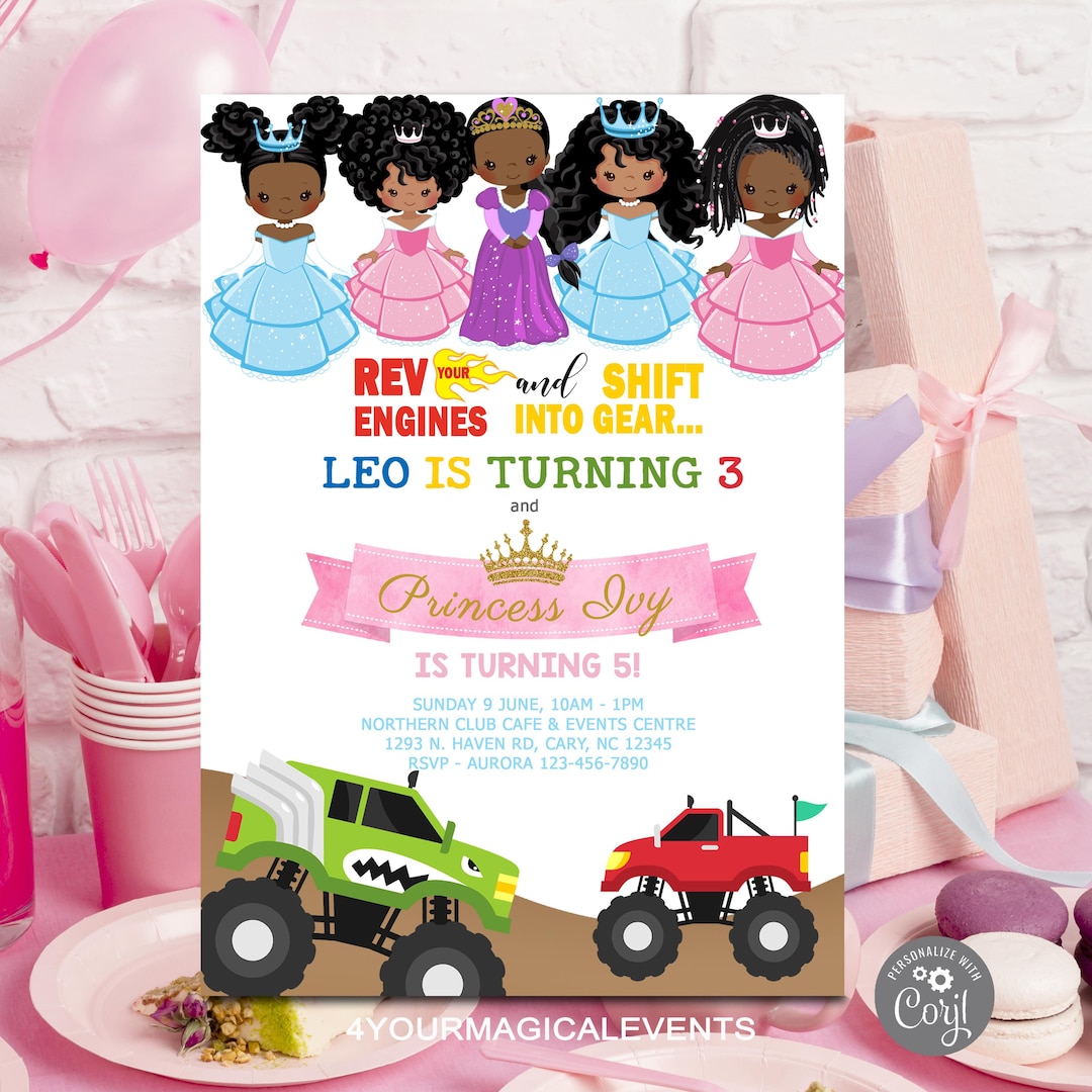 Siblings Monster Truck and Princess Birthday Invitation, Brother Sister ...