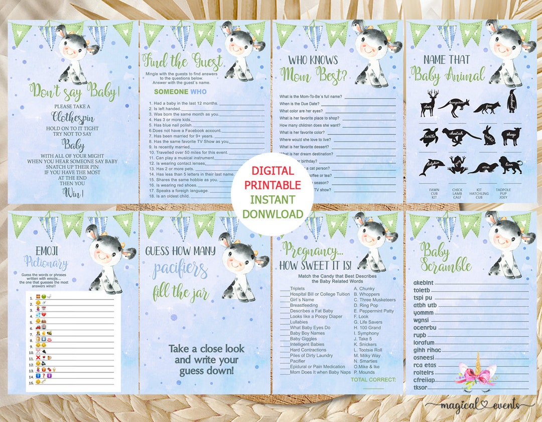 Cow & Blue Buntings Baby Shower Games Bundle, Cow and Blue Buntings ...