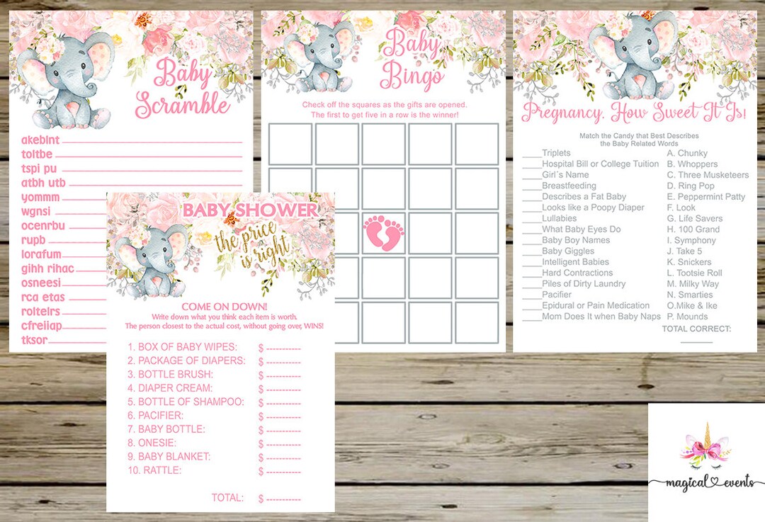 Elephant Baby Shower Games Bundle, Girl Elephant Flowers Games Package ...