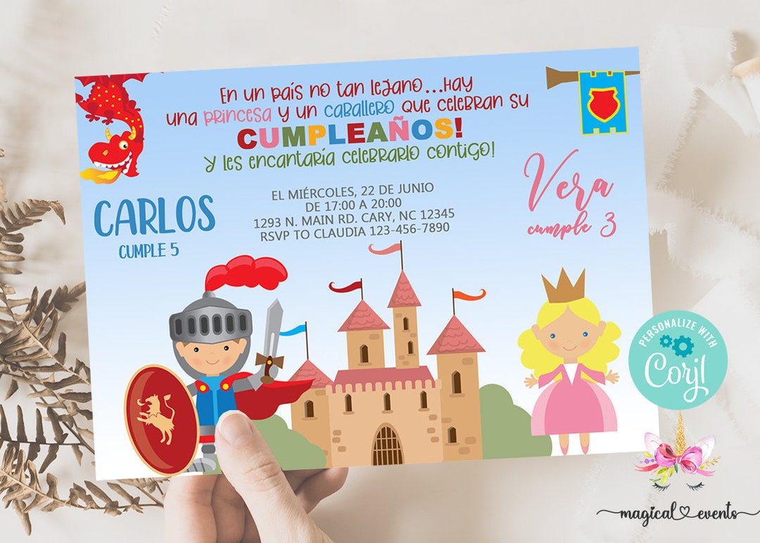 Invitación de cumpleaños de hermanos princesa y caballero, niño niña ...