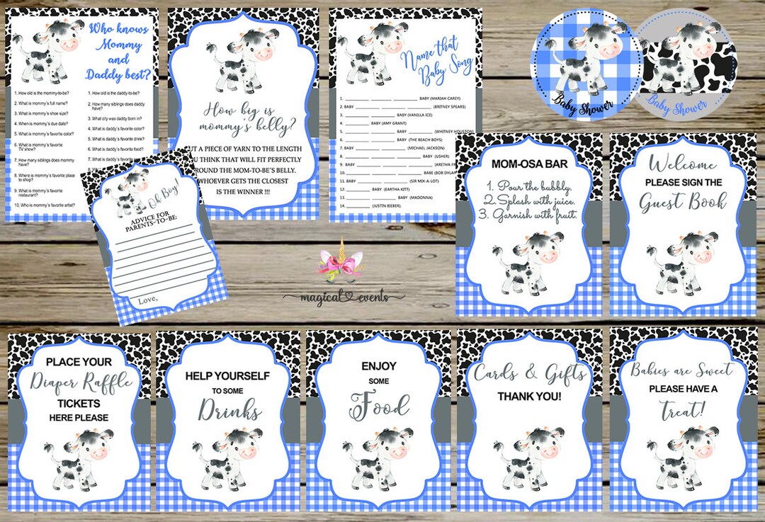 Blue Cow Baby Shower Games, Signs and Cards Bundle, Blue Cow Games ...