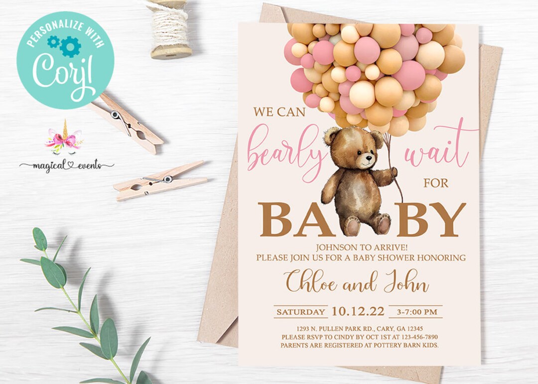 Bearly Wait, Bear Baby Shower Invitation, Pirl Invite Pink Balloons ...