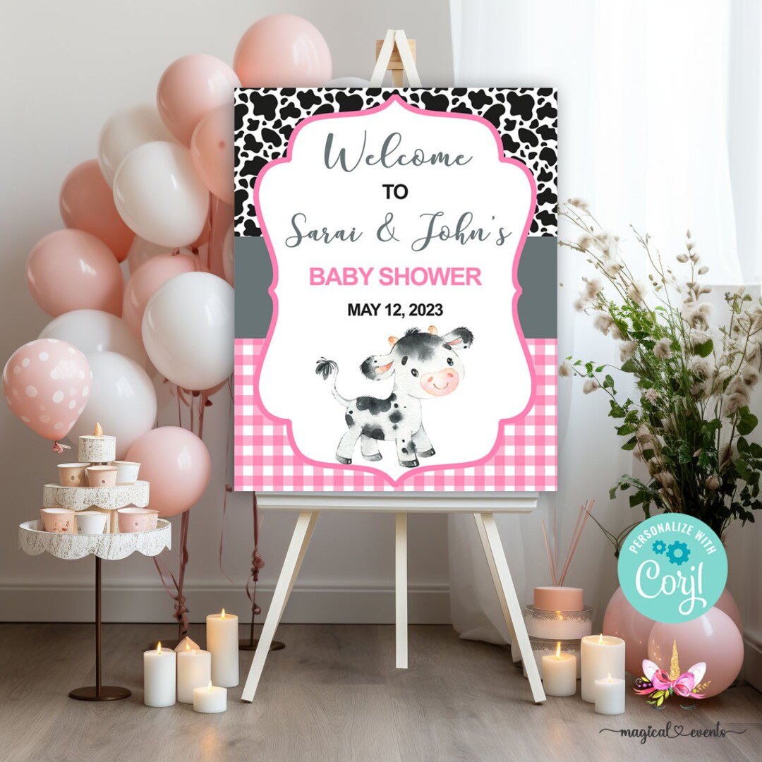 16x20 Cow Baby Shower Welcome Sign, Pink Plaids Cow Print Welcome Sign ...