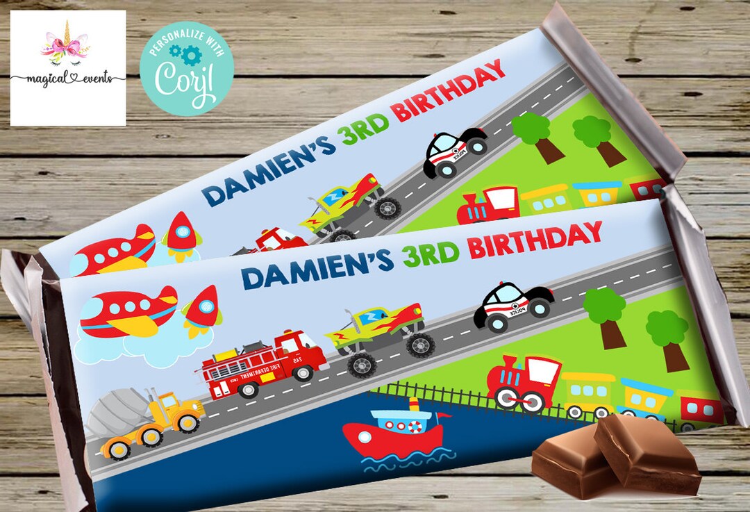 Transport Vehicles Birthday Candy Wrapper, Boy Birthday Favors, Favor ...
