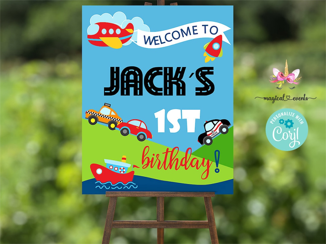 16x20 Boy Transport Vehicles Birthday Welcome Sign, Transportation ...