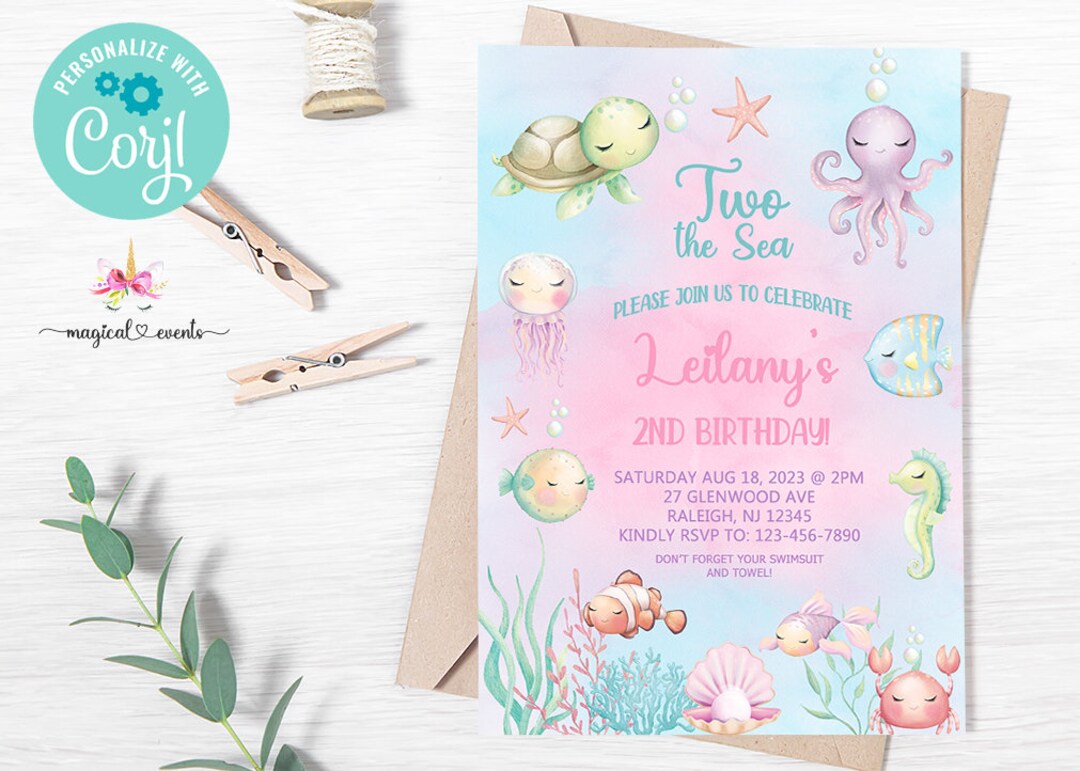 Two the Sea Birthday Invitation, Girl 2nd Second Birthday Invite, Under ...